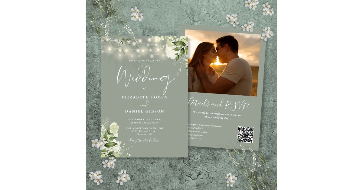 Sage Greenery String Lights QR Code Photo Wedding Invitation | Zazzle