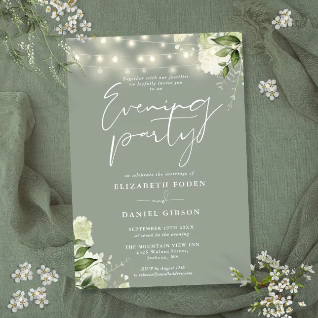 Sage Greenery String Lights Wedding Evening Party Invitation | Zazzle