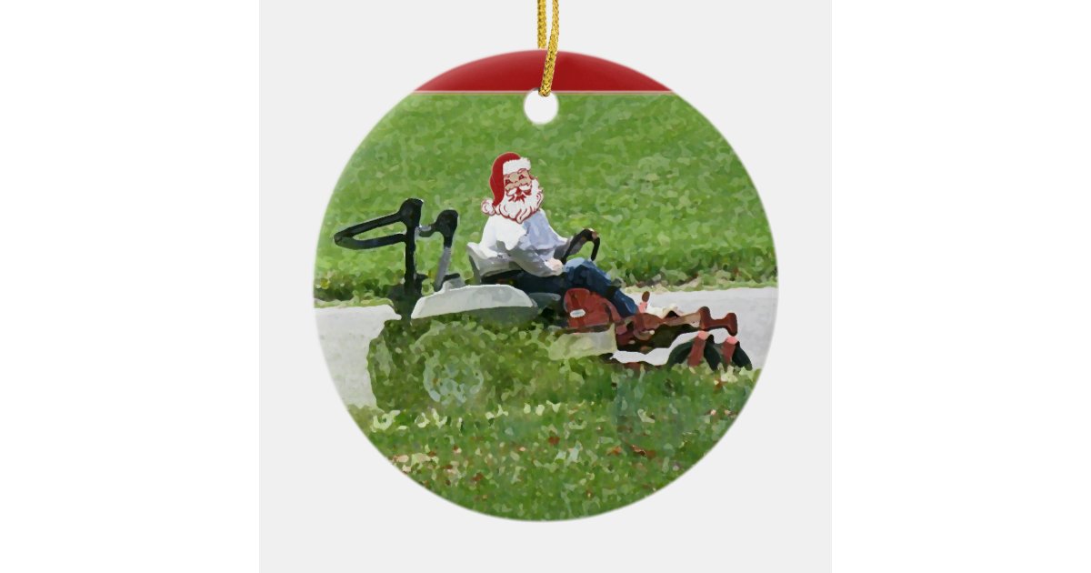 Santa on a riding lawn mower landscaper ceramic tree decoration | Zazzle