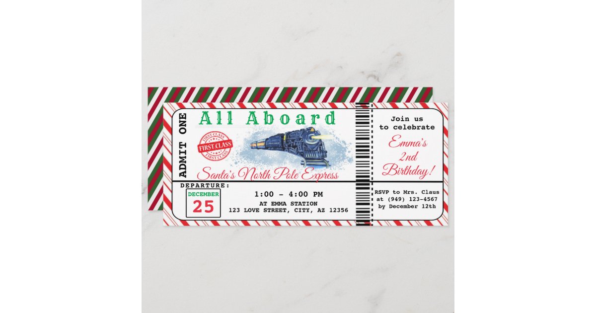 Santa's Christmas Train North Pole Ticket Birthday Invitation | Zazzle