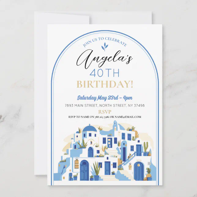 Santorini Birthday Party Greek Greece Blue White Invitation | Zazzle