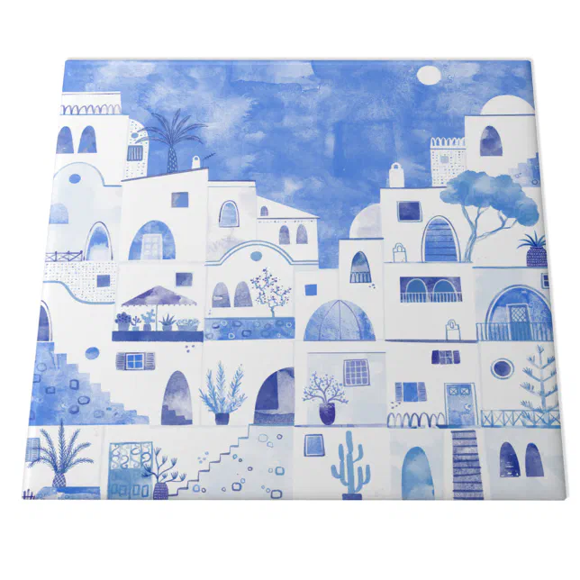 Santorini Greece Watercolor Blue and White Tile | Zazzle