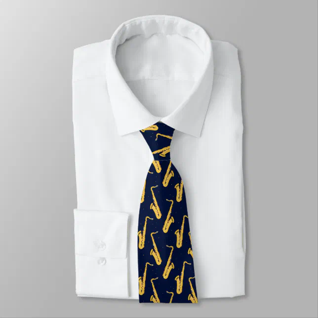 Saxophonist Stylish Saxophone Pattern on Navy Blue Tie | Zazzle