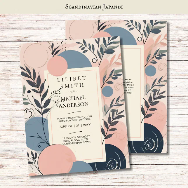 Scandinavian Japandi Wedding Theme Blush Blue Invitation | Zazzle