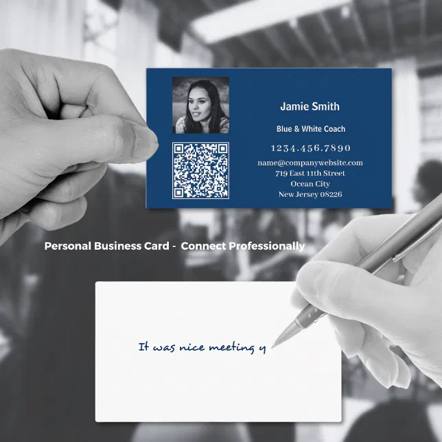 Scannable Photo QR Code Personal Message Blue Business Card | Zazzle