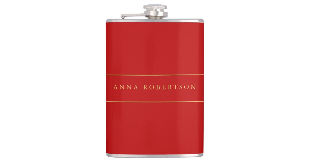 Scarlet Red Gold Colours Add Name Script Hip Flask | Zazzle