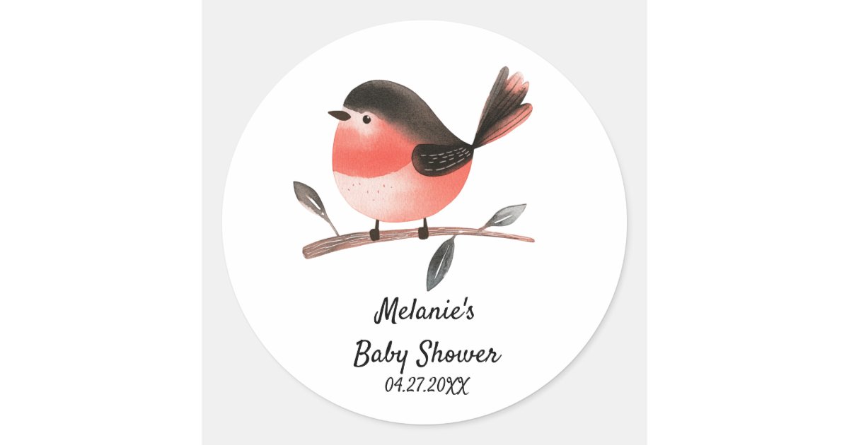 Scarlet Robin on Branch Woodland Bird Baby Shower Classic Round Sticker ...