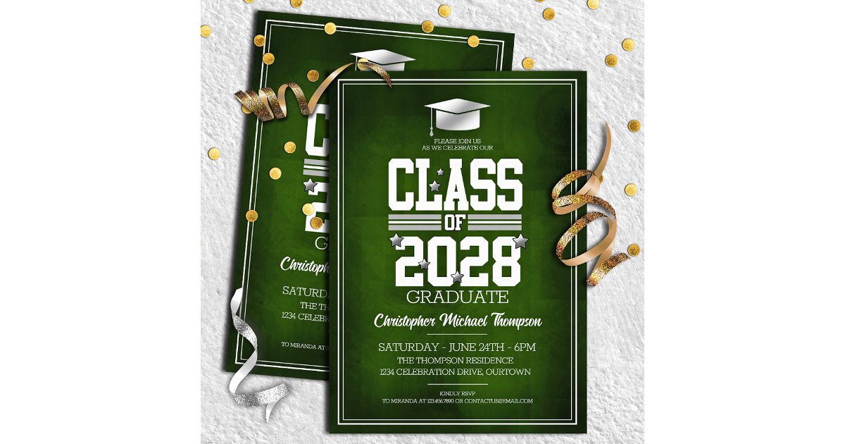 School Colours Green | Silver Graduation Party Invitation | Zazzle