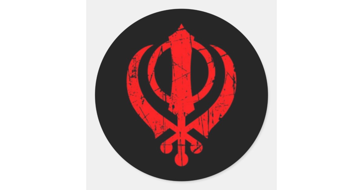 Scratched Red Sikh Khanda Symbol on Black Classic Round Sticker | Zazzle