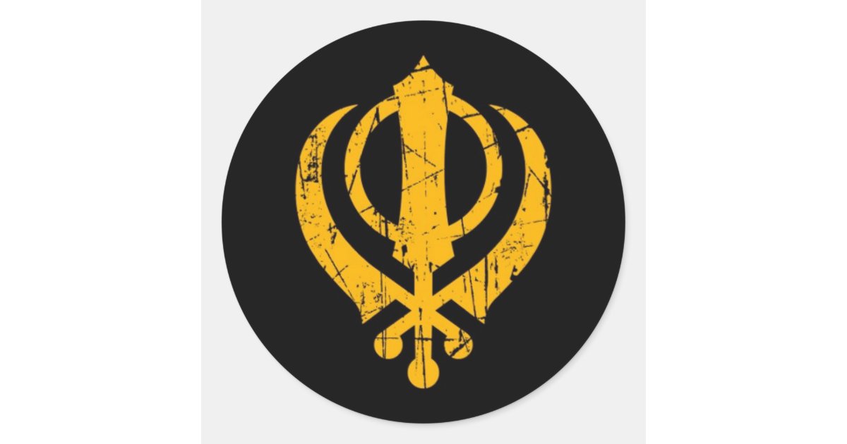 Scratched Yellow Sikh Khanda Symbol on Black Classic Round Sticker | Zazzle