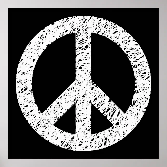 Scribble Stencilled Peace Symbol - White on Black Poster | Zazzle