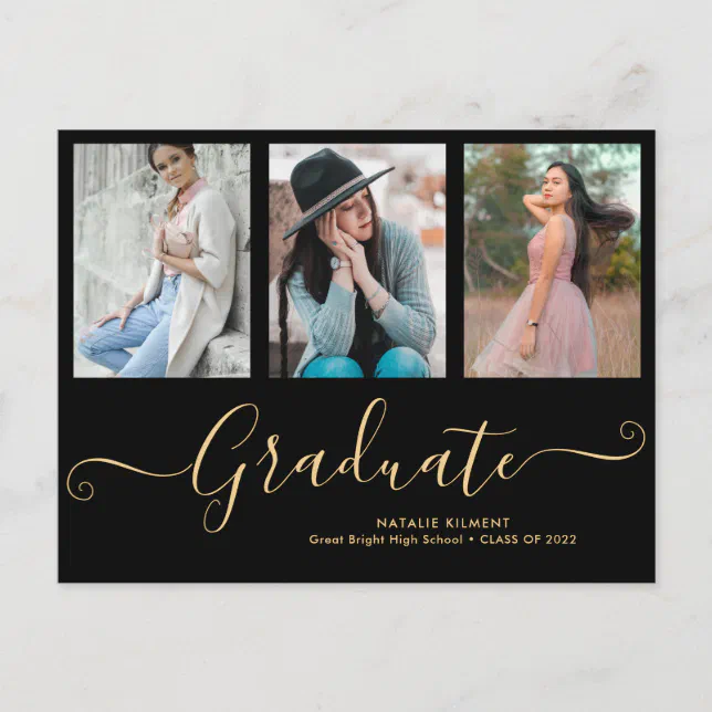 Script Graduate 3 Photo Collage Black Graduation Announcement Postcard ...