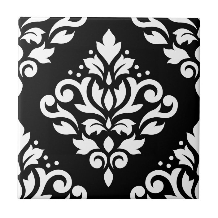 Scroll Damask Large Design (B) White on Black Tile | Zazzle.co.uk