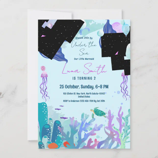 Sea Animals Theme Birthday Girl Mermaid Party Invitation | Zazzle