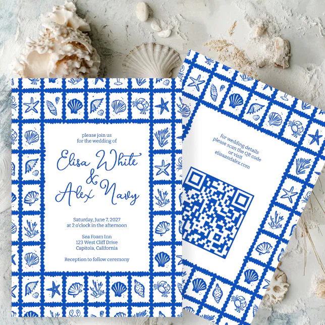 Seashell Grid Beach Wedding CUSTOM QR Code Invitation | Zazzle