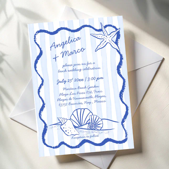 Seashells blue handrawn wavy border beach wedding invitation | Zazzle