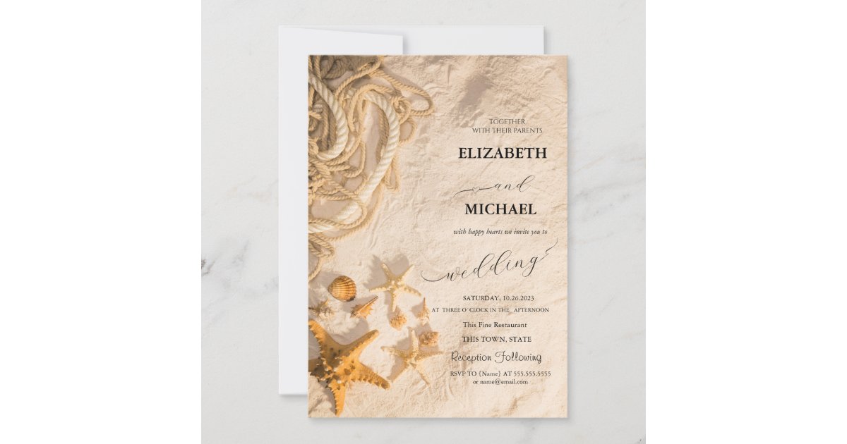 Seashells Rope Sand Script Wedding Invitation | Zazzle