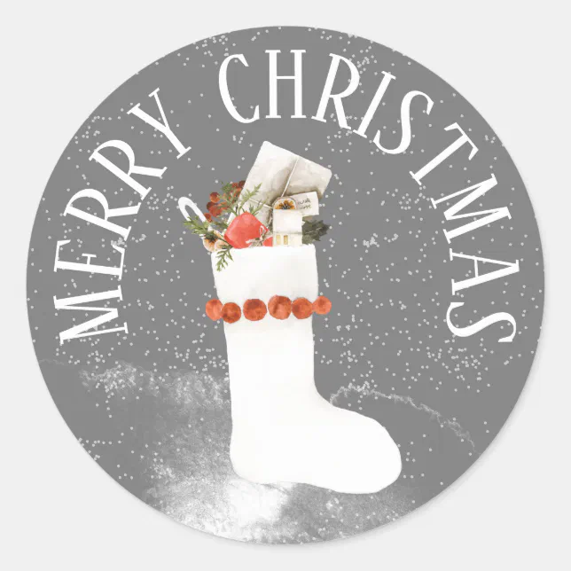 SEASONS GREETING WHITE CHRISTMAS STOCKING CLASSIC ROUND STICKER | Zazzle