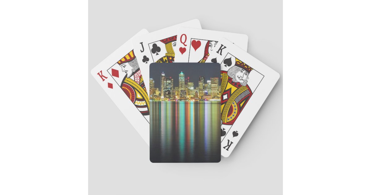 Seattle skyline at night with reflection playing cards | Zazzle