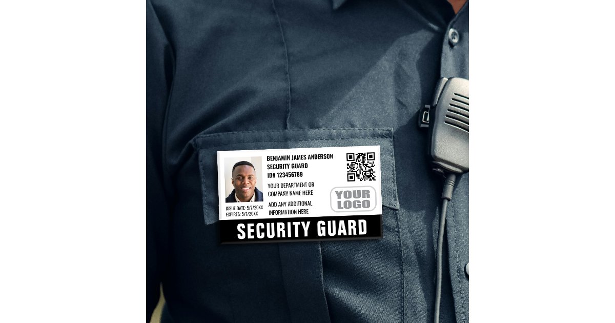 Security Guard ID Photo Name Logo QR Black Name Tag | Zazzle