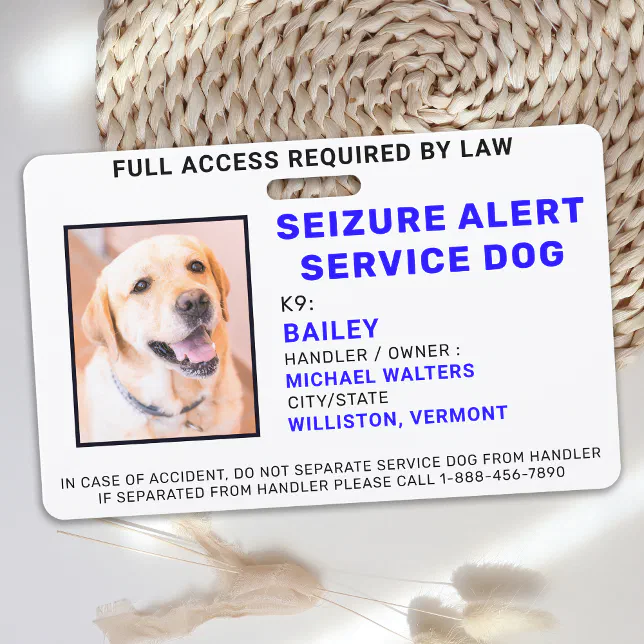 Seizure Alert Service Dog Photo ID Badge | Zazzle