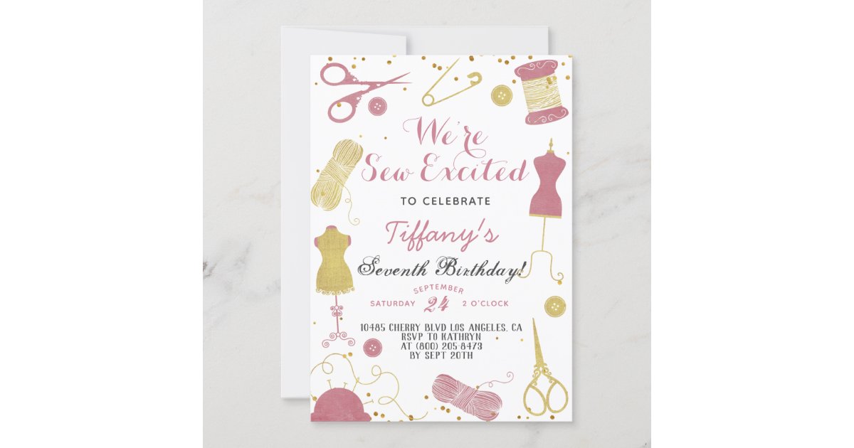 Sew Excited Sewing Birthday Invitation | Zazzle