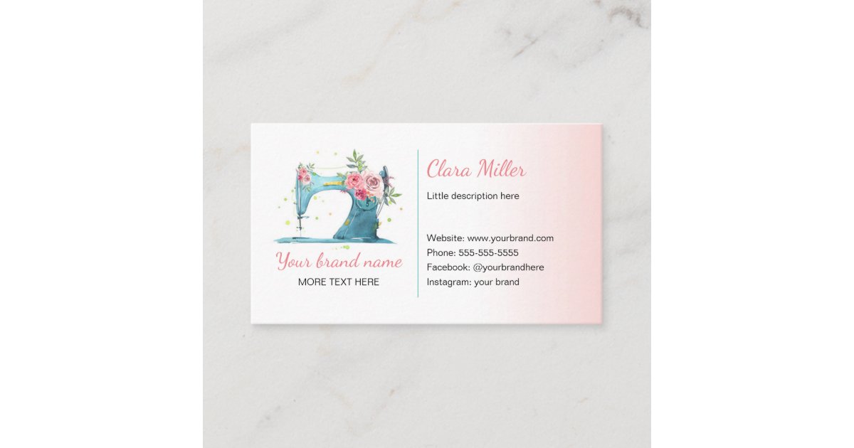 Sewing machine business card watercolor teal pink | Zazzle