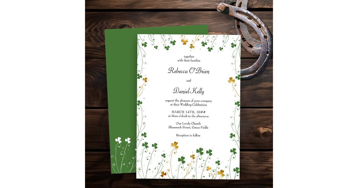 Shamrock Wildflower Green Gold Elegant Wedding Invitation | Zazzle