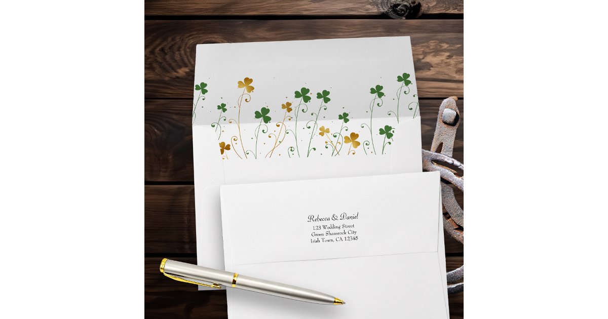 Shamrock Wildflowers Green Gold Wedding Invitation Envelope | Zazzle