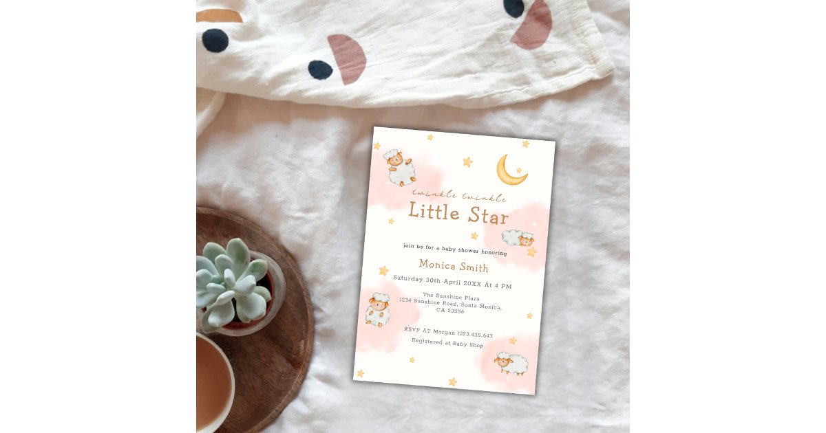 Sheep Twinkle Twinkle Moon Stars Girl Baby Shower Invitation | Zazzle