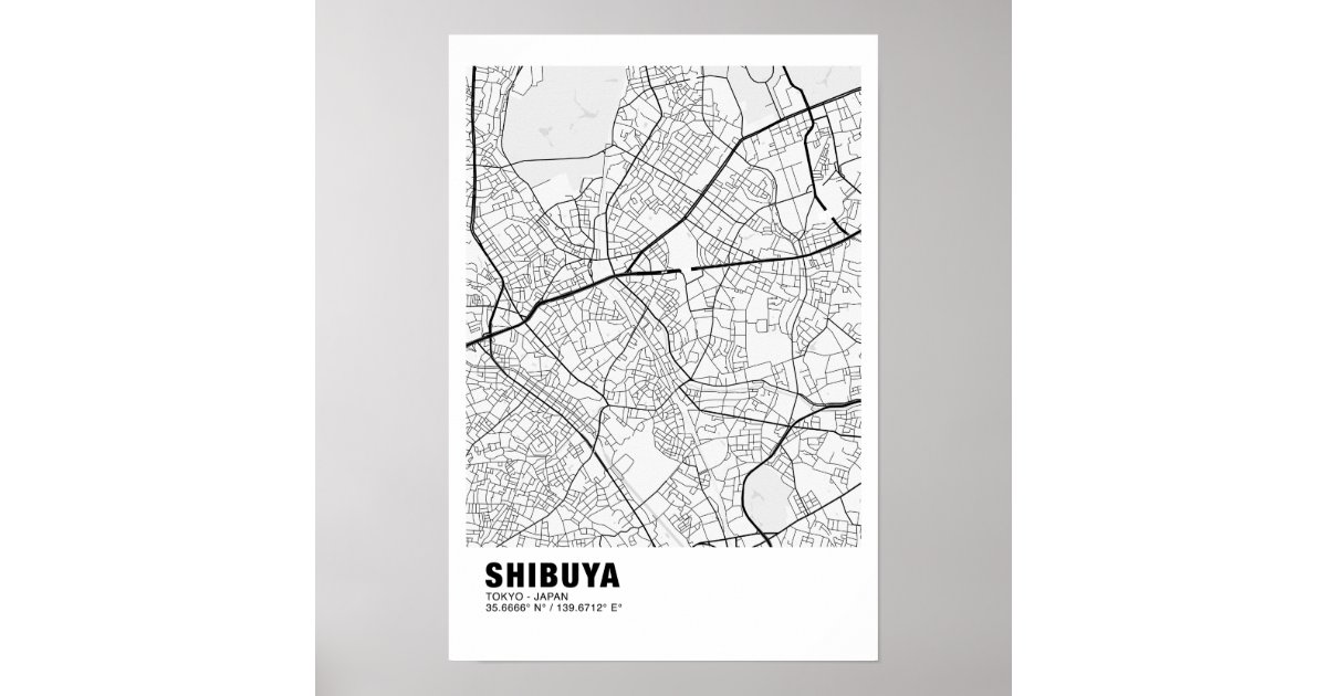Shibuya Map Poster - Tokyo White Map | Zazzle