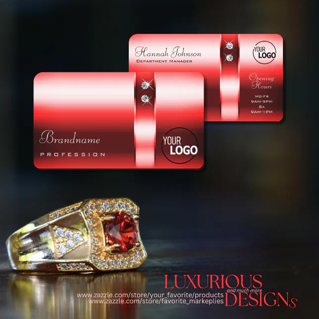 Shimmery Ruby Red Gradient Diamonds and Logo Business Card | Zazzle