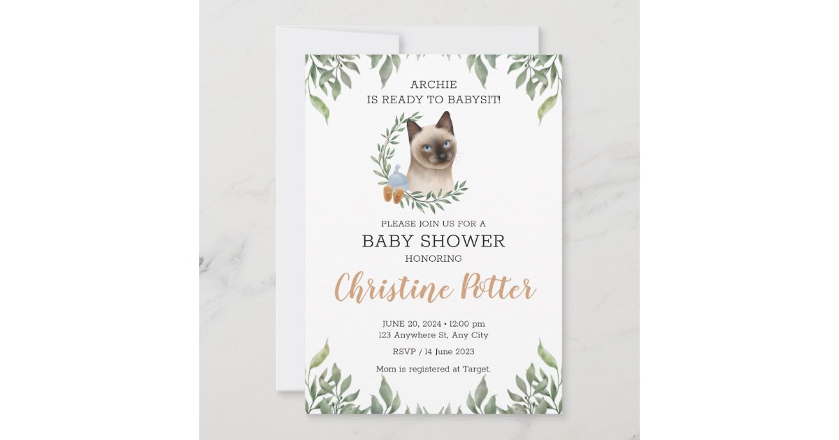 Siamese Cat Boy Boho Greenery Baby Shower Invitation | Zazzle