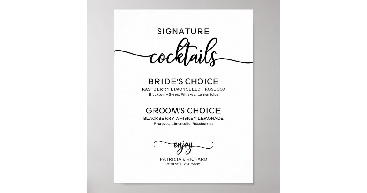 Signature Cocktails Elegant Script Wedding Sign | Zazzle