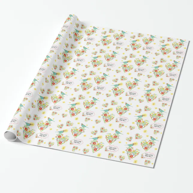 Silhouette Patterned Bird Floral Heart Baby Shower Wrapping Paper | Zazzle