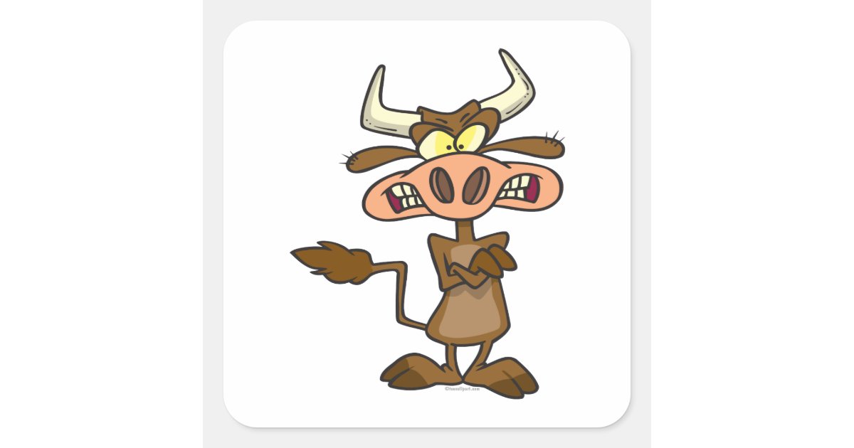silly funny mad angry cow cartoon square sticker | Zazzle
