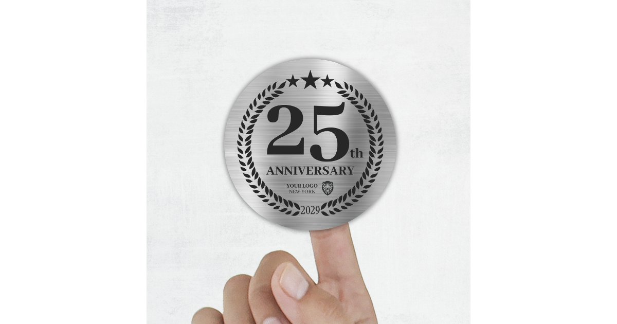 Silver 25th Anniversary Business Logo Classic Round Sticker | Zazzle
