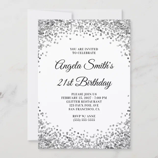 Silver Glitter Border White 21st Birthday Invitation | Zazzle