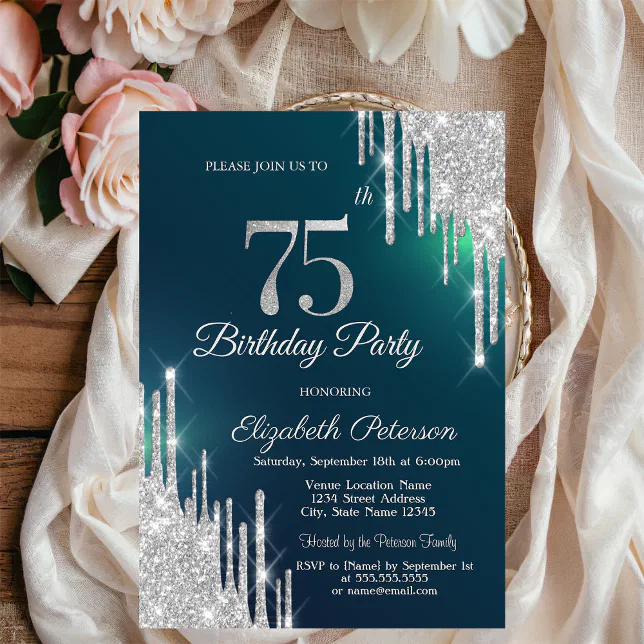 Silver Glitter Drips Green 75th Birthday Invitation | Zazzle