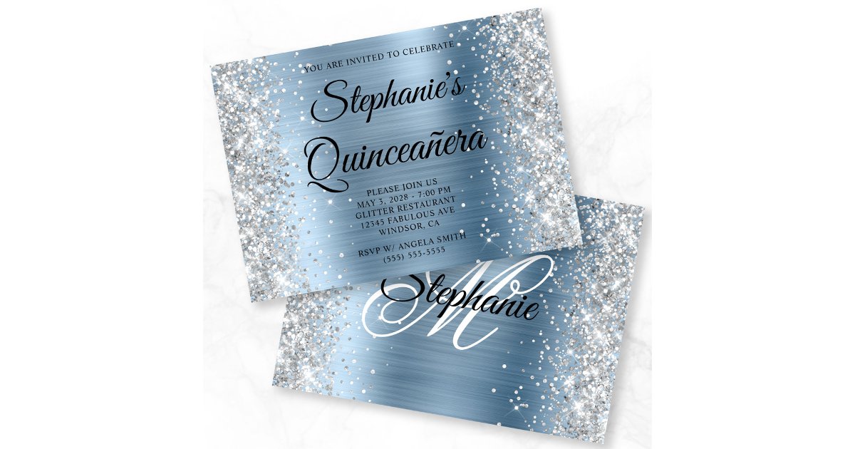 Silver Glitter Light Blue Monogram Quinceanera Invitation | Zazzle