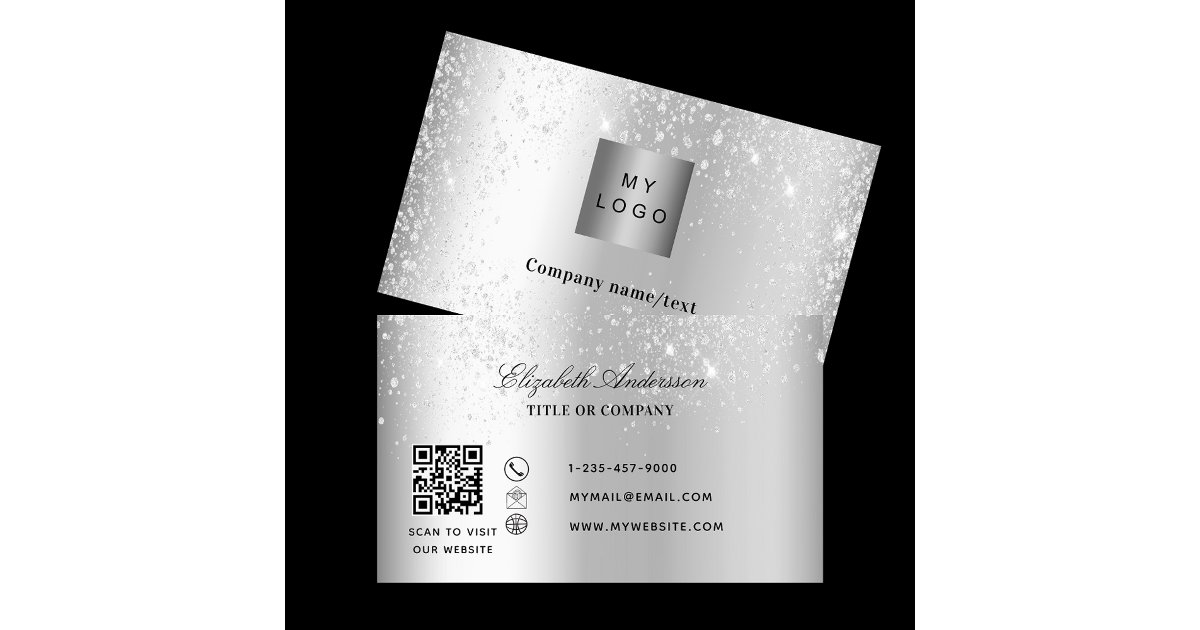 Silver glitter logo QR code Business Card | Zazzle