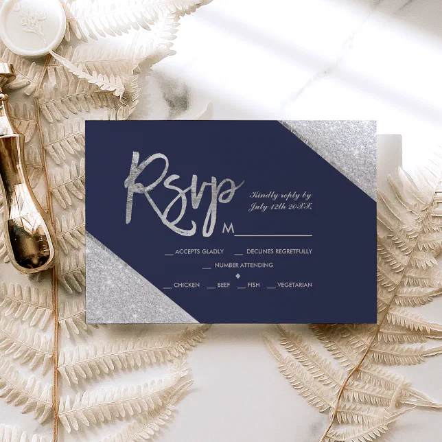 Silver glitter navy blue script wedding Rsvp Card | Zazzle