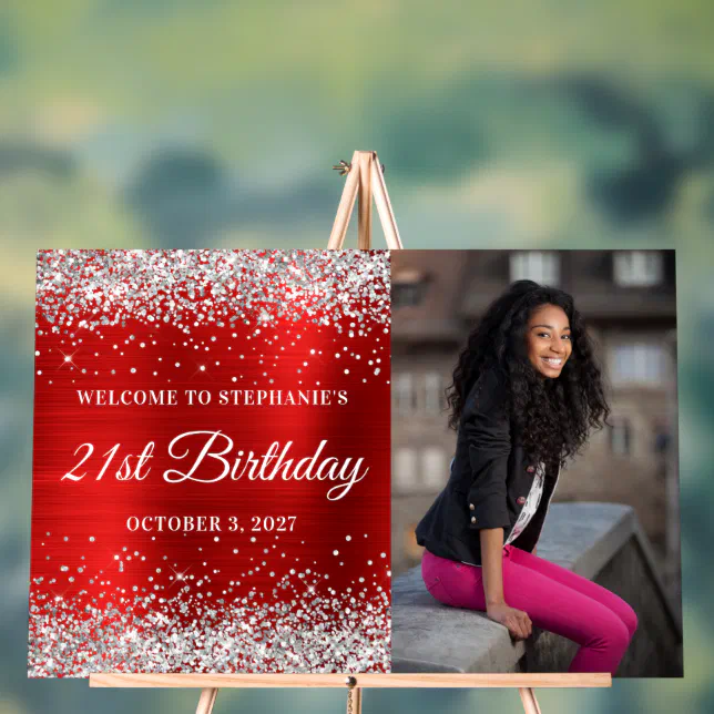 Silver Glitter Red Welcome 21st Birthday Acrylic Sign | Zazzle