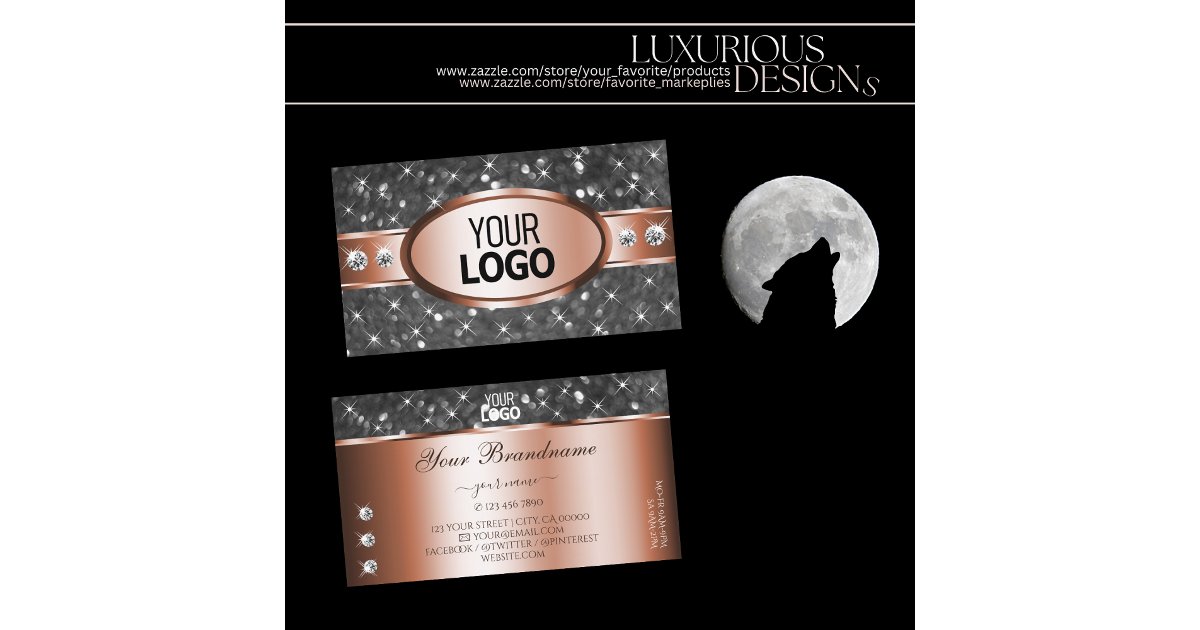 Silver Glitter Rose Gold Sparkle Diamonds and Logo Business Card | Zazzle
