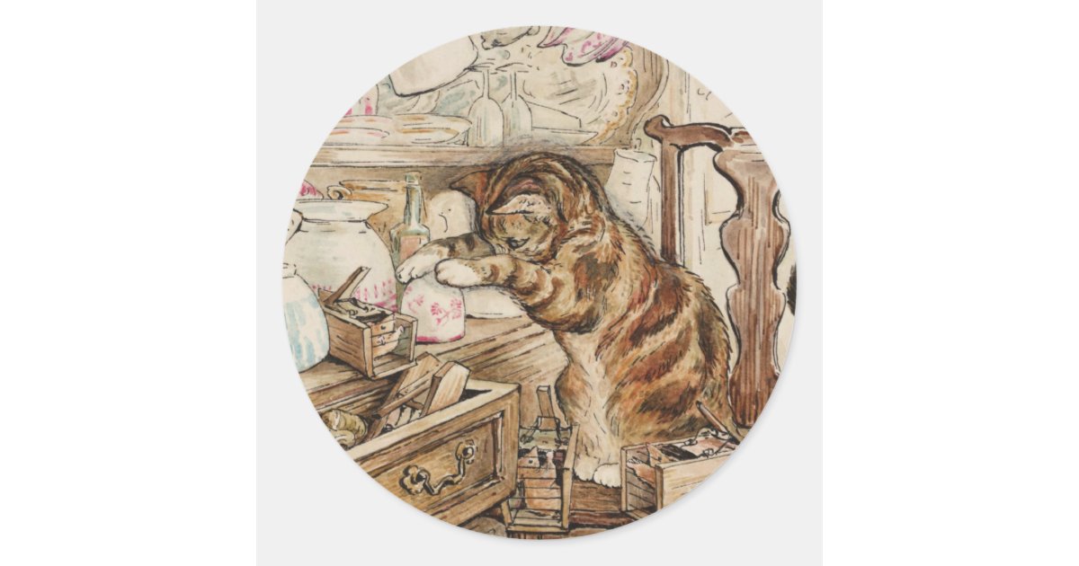 Simpkin The Cat Housekeeping By Beatrix Potter Classic Round Sticker ...