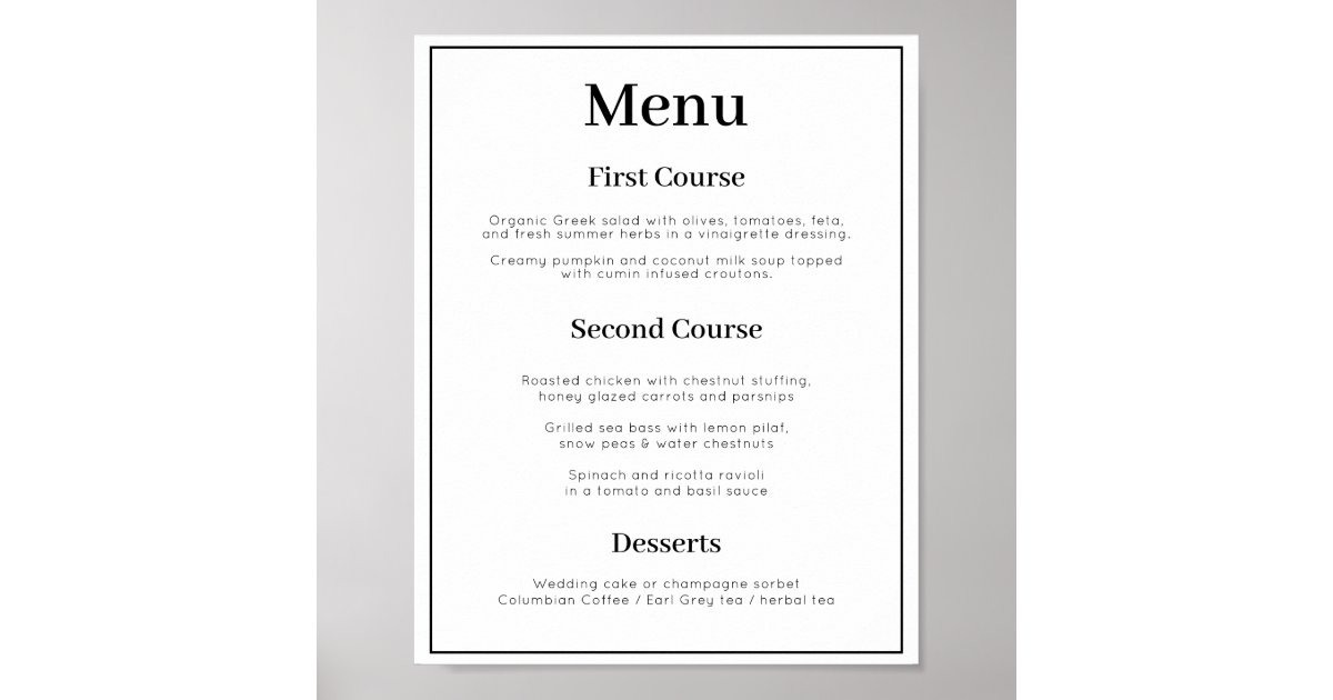 Simple 3 course Wedding Menu Poster | Zazzle