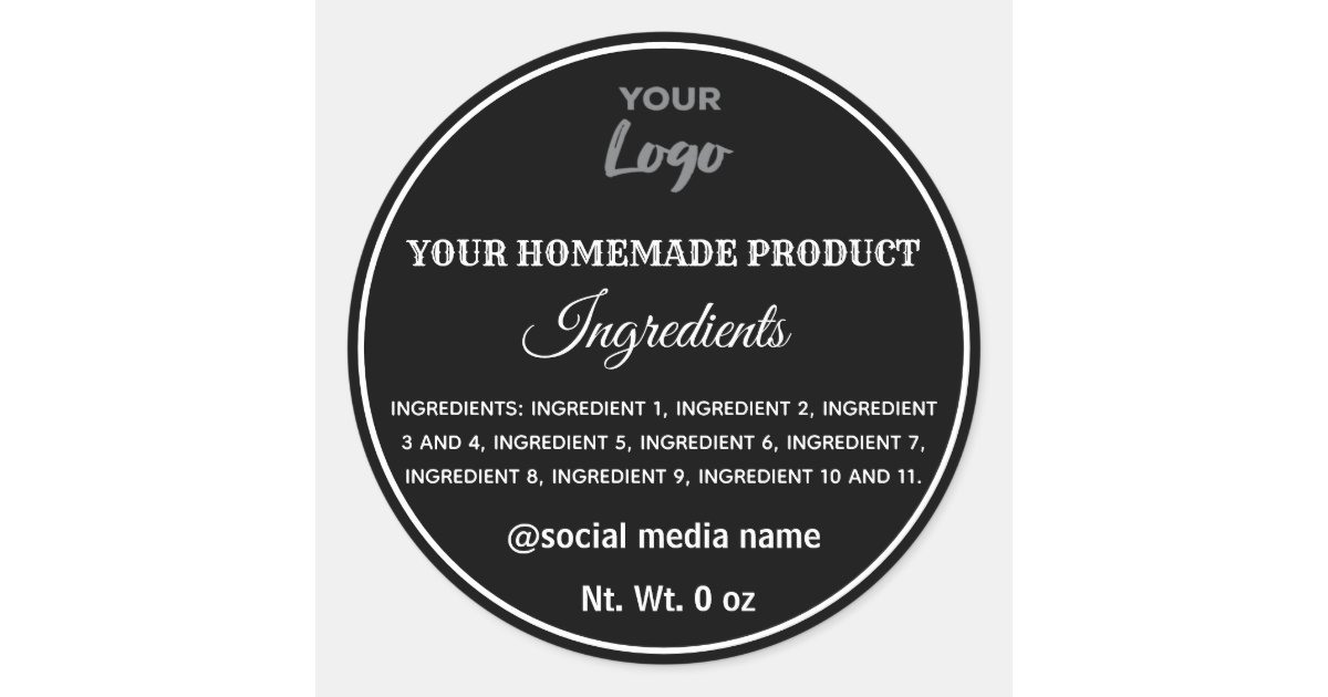 Simple black and white logo ingredients classic round sticker | Zazzle