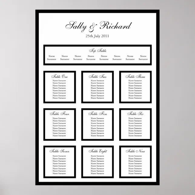 Simple Black Wedding Table Seating Plan Print | Zazzle