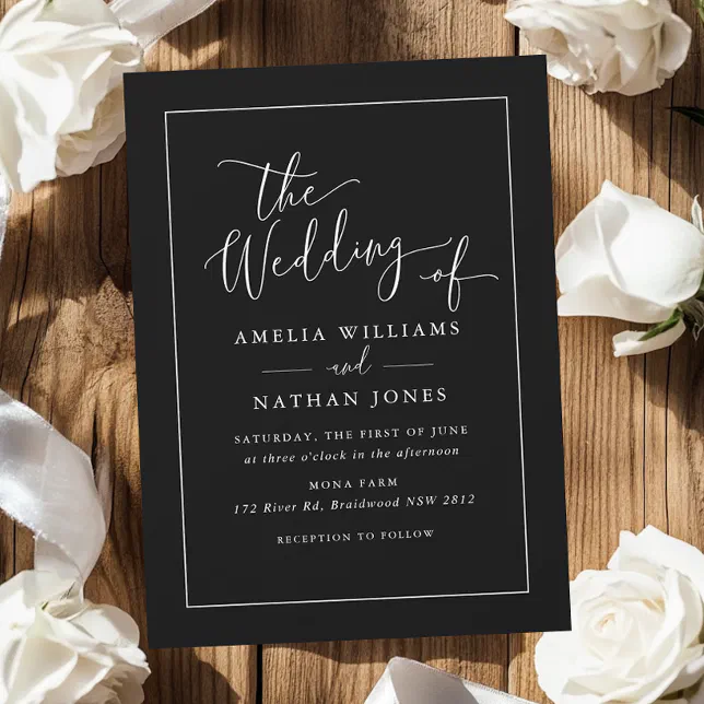 Simple Black White Rustic Script Wedding Invitation | Zazzle