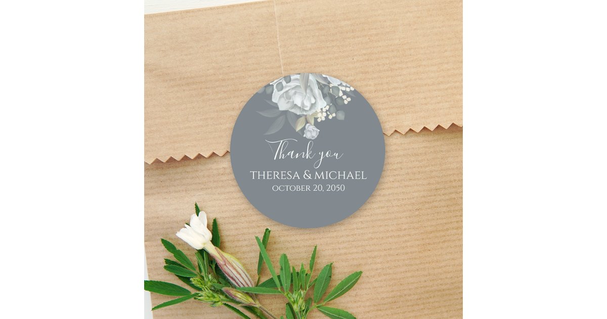 Simple Blue Floral Thank You Elegant Favour Classic Round Sticker | Zazzle